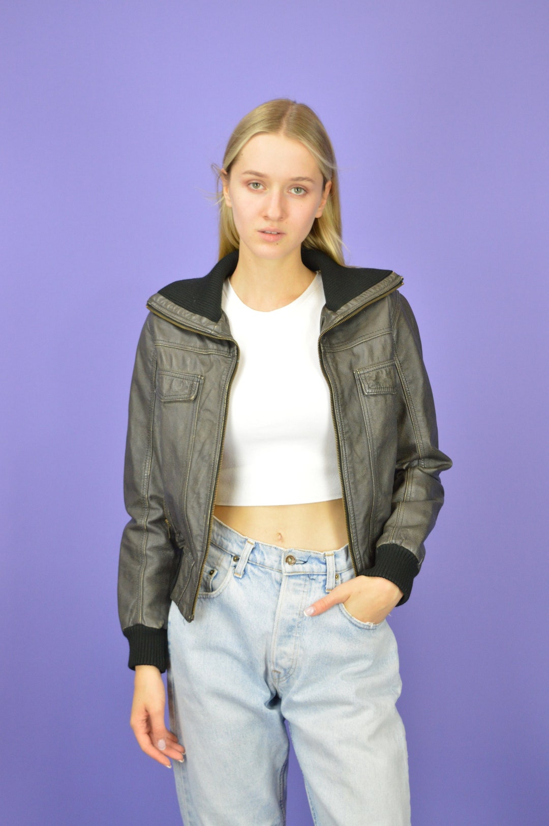 Vintage Dark Grey Classic Leather Bomber Jacket W557 - Etsy