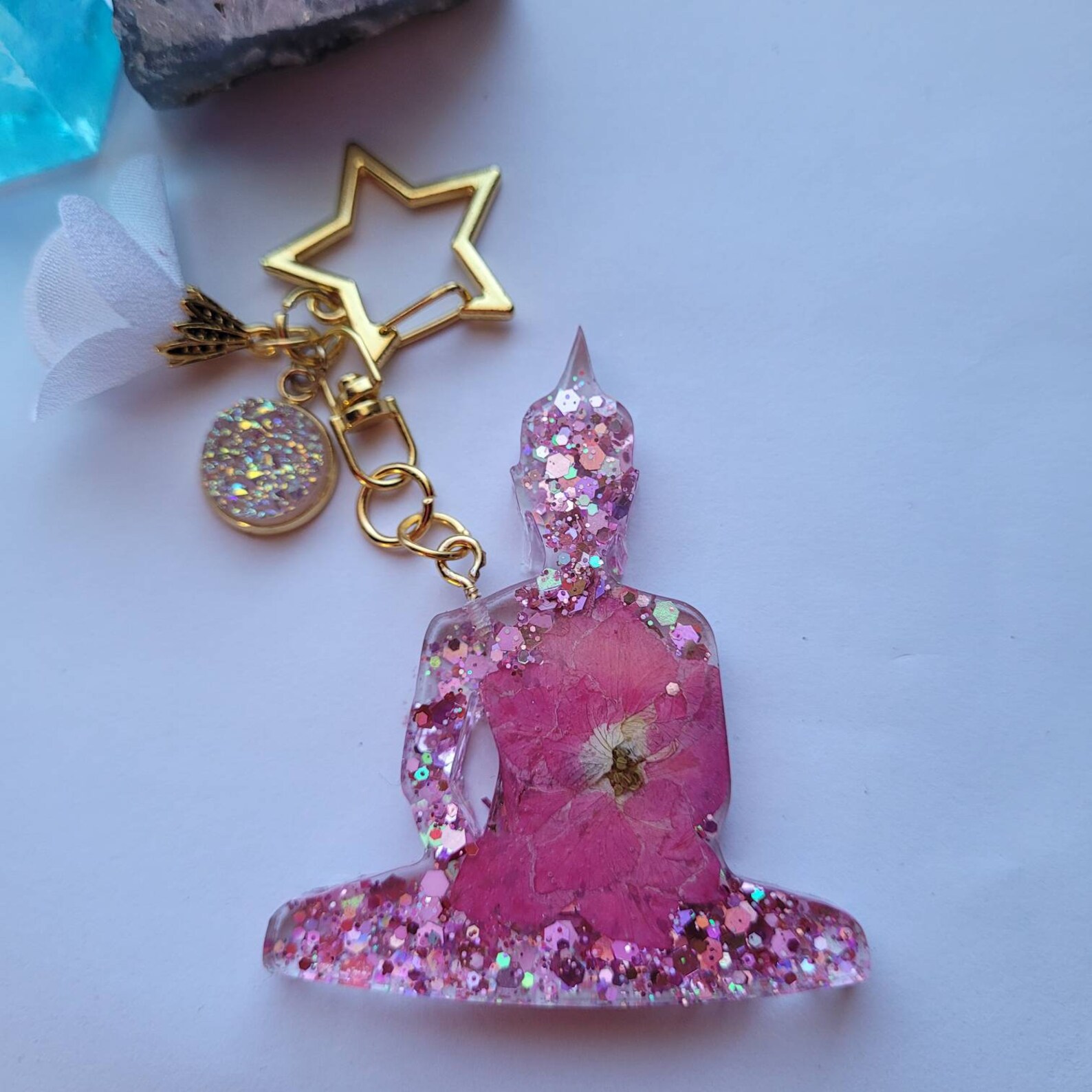 Resin and Pressed Flower Buddha Keychain Resin Keychain Zen - Etsy