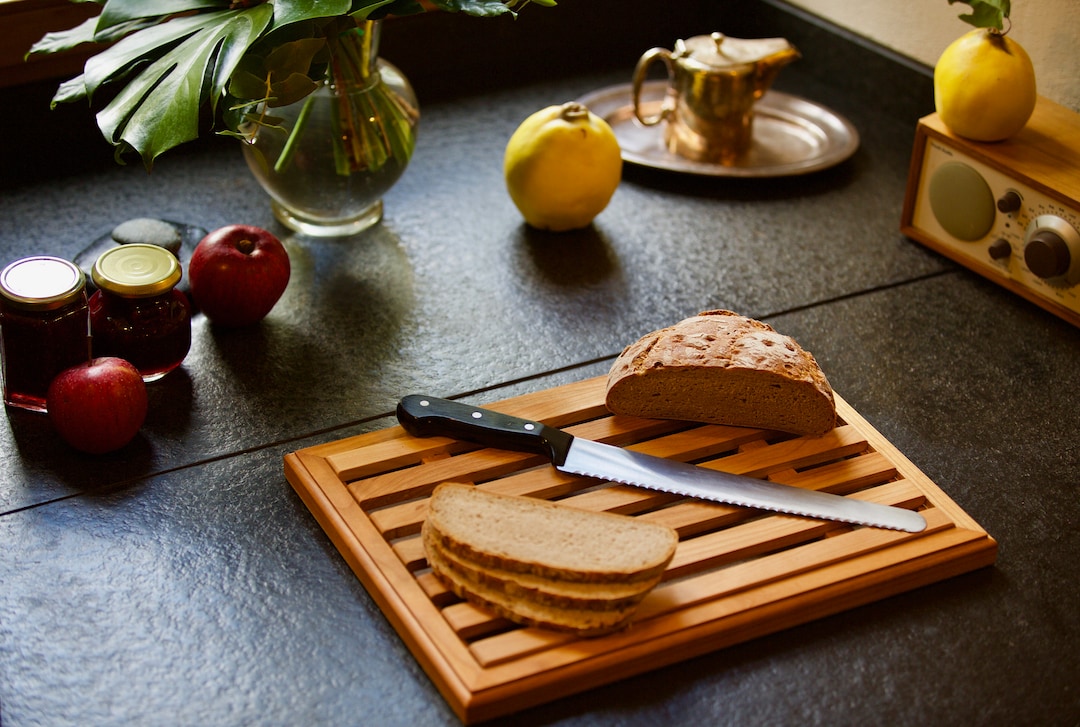 Bread Cutting Board With Crumb Tray, Handmade From Cherry Wood, Serving ...
