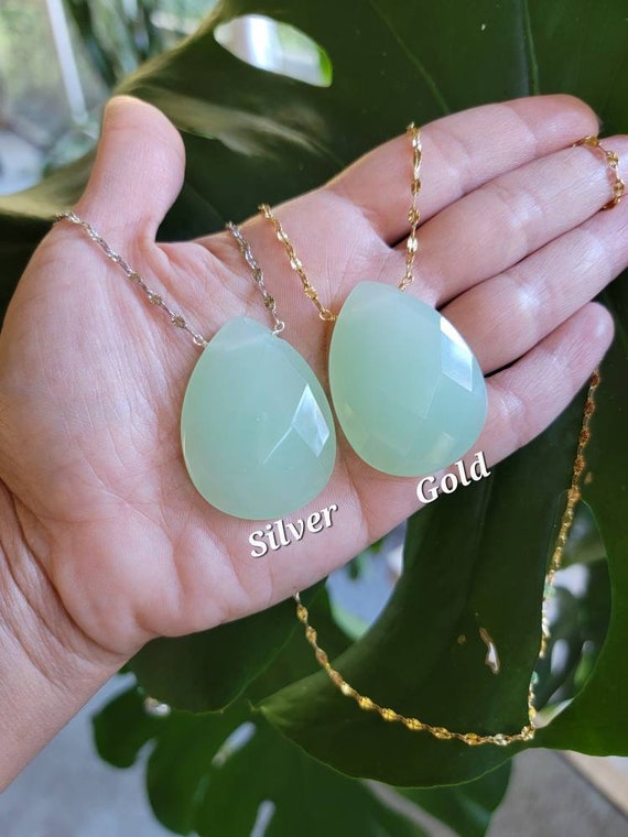 Green Quartz Necklace Gold Necklace Silver Necklace Teardrop Necklace Green Quartz Boho Necklace Gemstone Necklace Teardrop Green