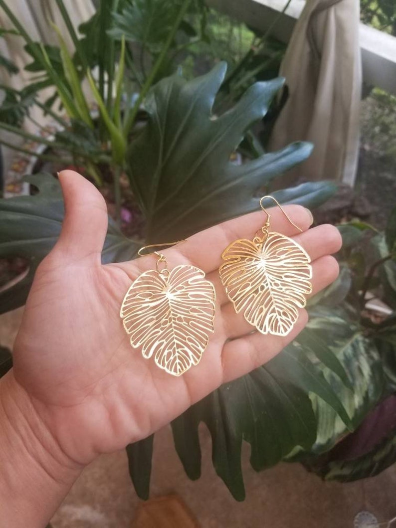 Monstera Leaf Earrings, Leaf Earrings, Monstera, Large Earrings, Gold ...