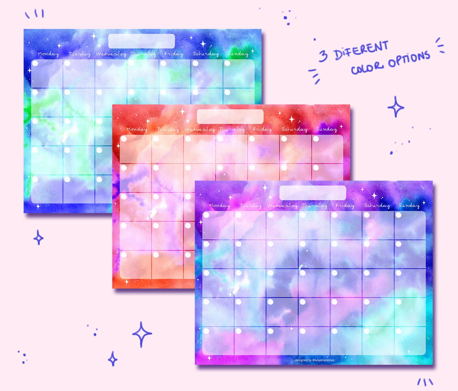 Printable Open Monthly Calendar Start Monday Galaxy Magic Watercolor ...