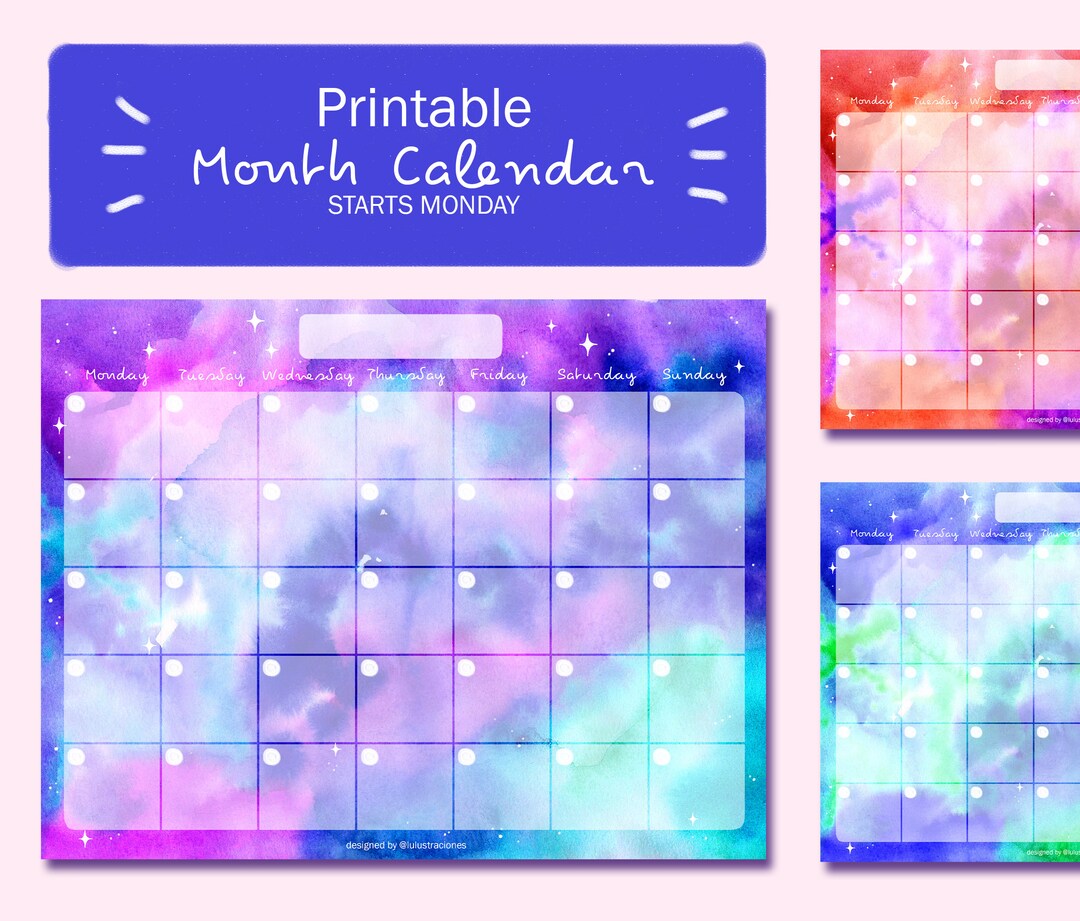 Printable Open Monthly Calendar Start Monday Galaxy Magic Watercolor ...