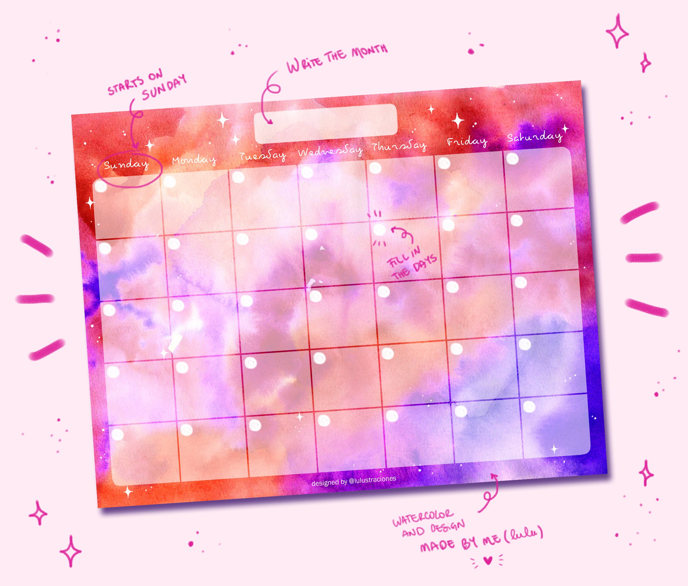 Printable Open Monthly Calendar Start SUNDAY - Galaxy Magic Watercolor ...