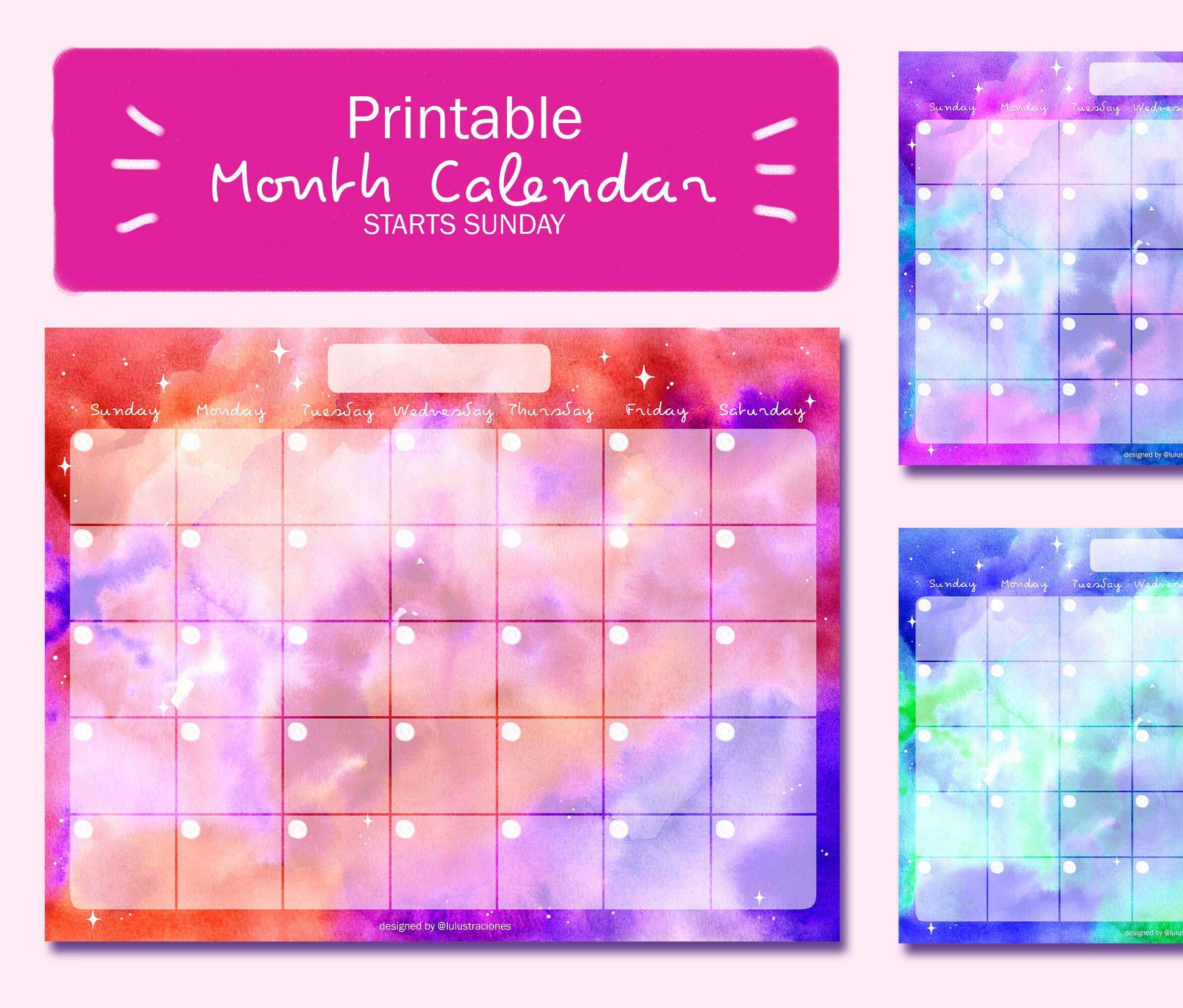 Printable Open Monthly Calendar Start SUNDAY - Galaxy Magic Watercolor ...