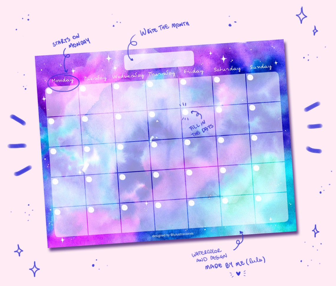 Printable Open Monthly Calendar Start Monday - Galaxy Magic Watercolor ...