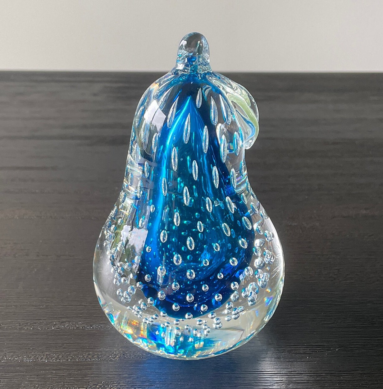 Hand Blown Blue Glass Pear Paperweight Figure With Controlled Bubbles ...