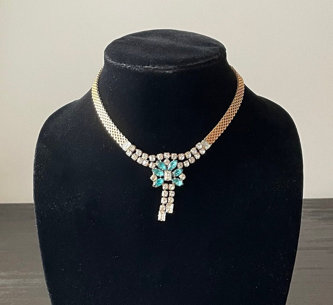 Vintage 1950s Teal & Clear Rhinestone Costume Jewelry Necklace - Etsy