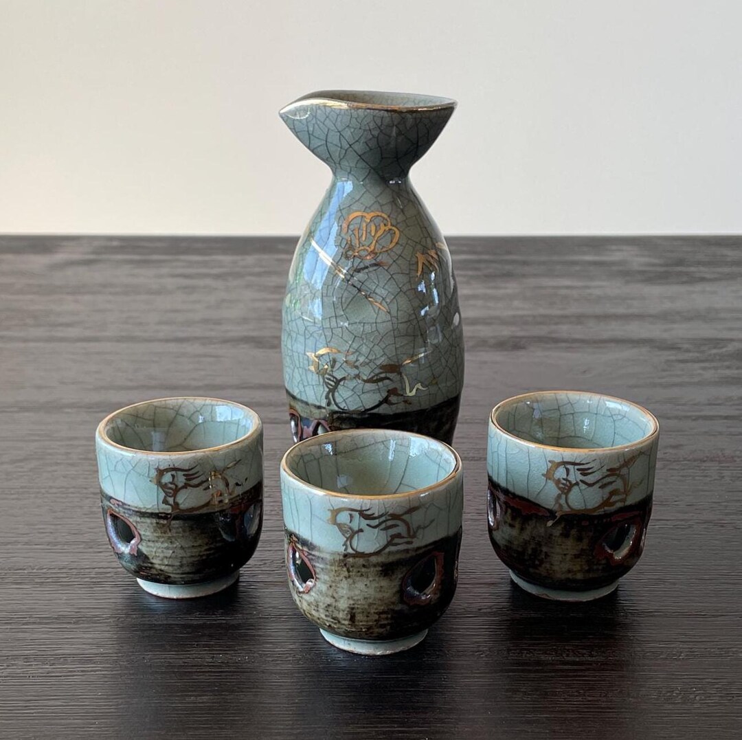 Japanese Somayaki Celadon Crackle Gold Horse Double Wall Four Piece ...