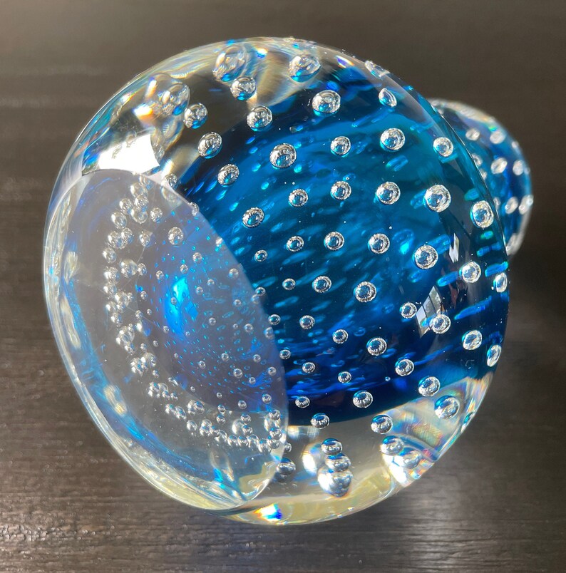 Hand Blown Blue Glass Pear Paperweight Figure With Controlled Bubbles ...