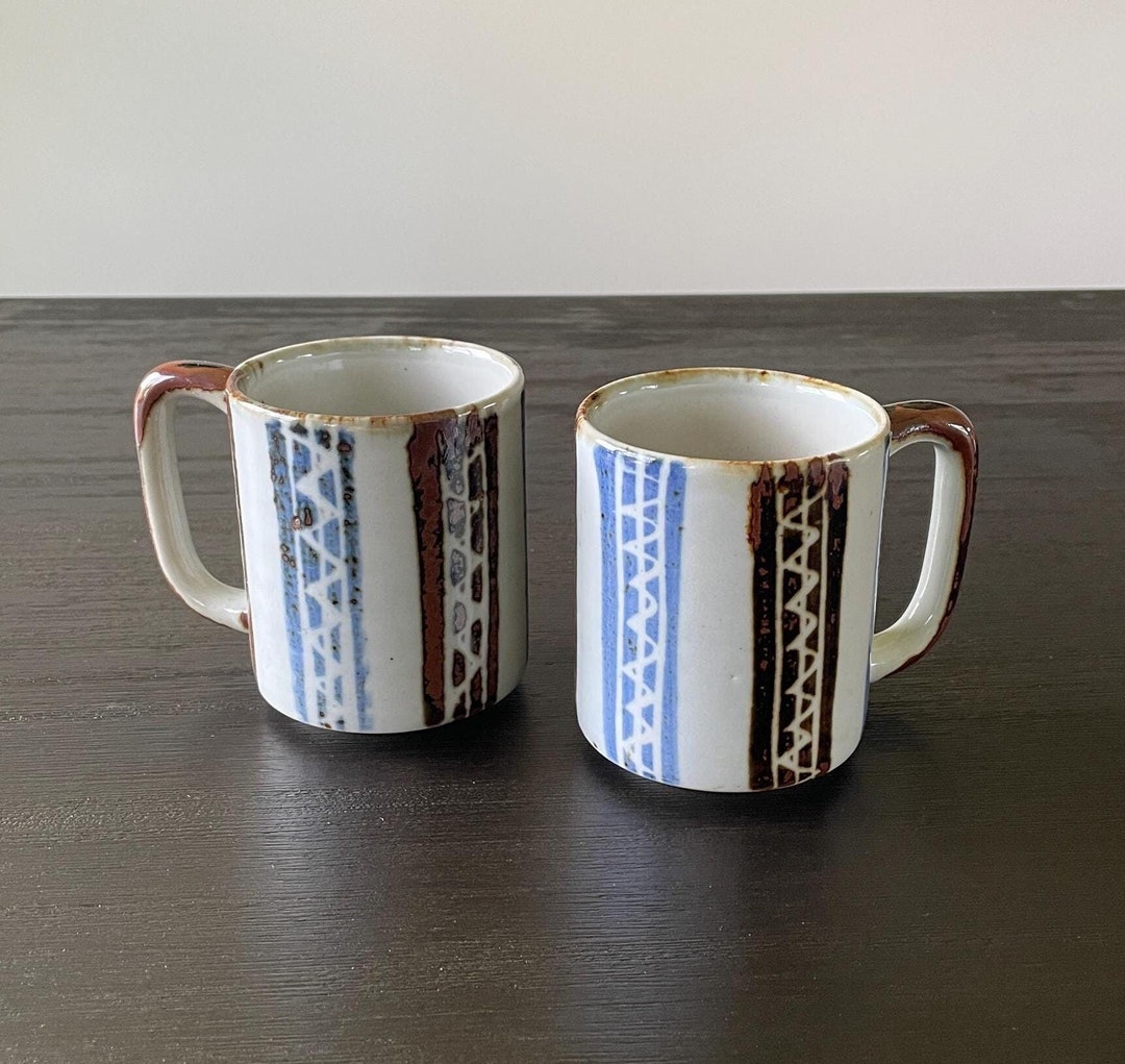 Pair of Vintage Boho Blue and Brown Striped Stoneware Mugs - Etsy