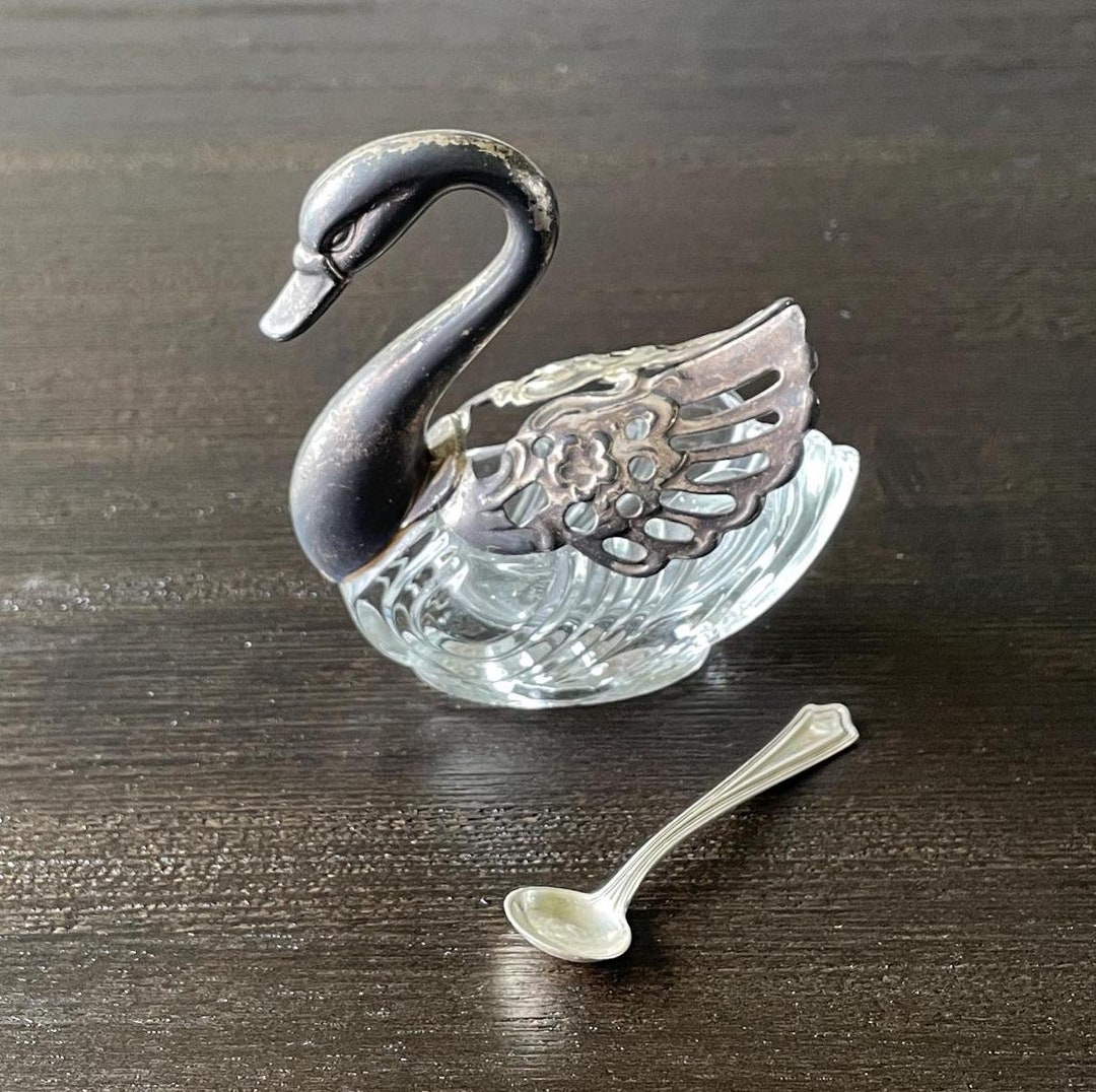 Vintage Italian Crystal Swan Salt Cellar With Silver Plate Articulating ...