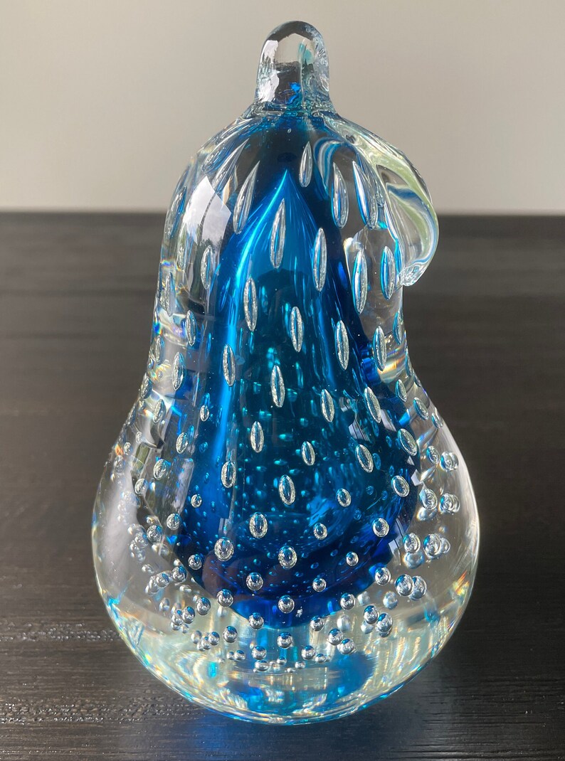 Hand Blown Blue Glass Pear Paperweight Figure With Controlled Bubbles ...
