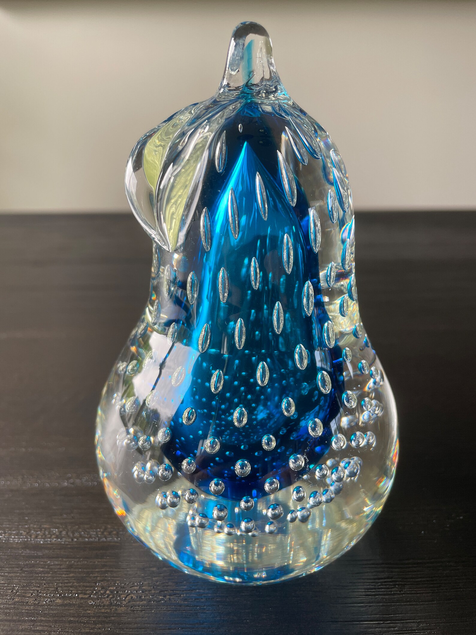 Hand Blown Blue Glass Pear Paperweight Figure With Controlled Bubbles ...