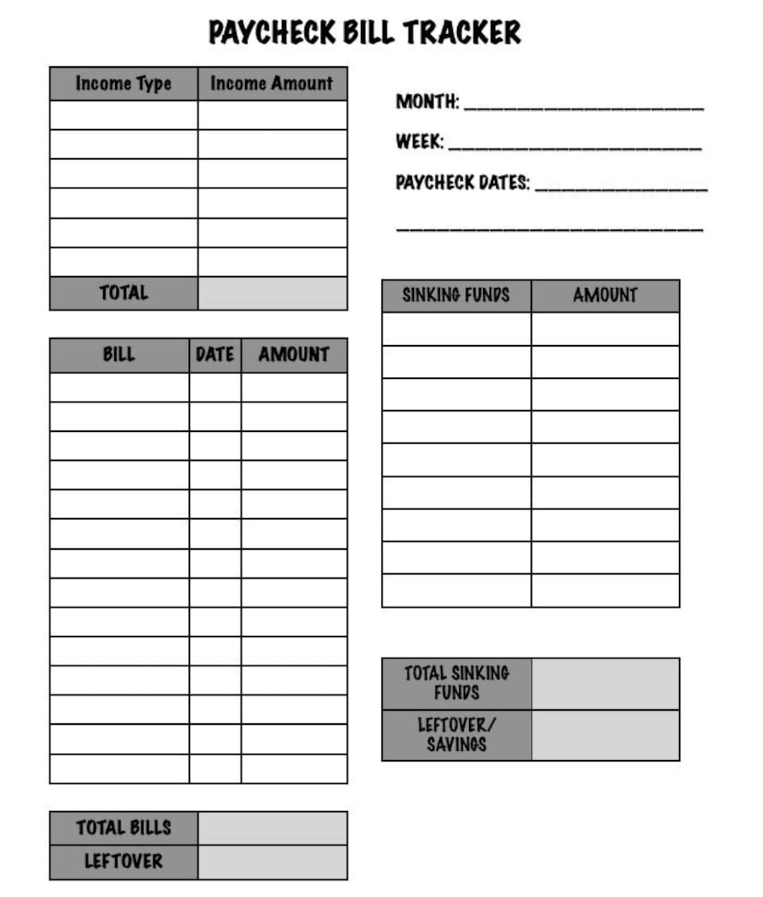 Paycheck Bill Tracker - Digital Download - Etsy