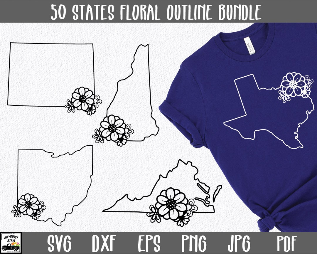 50 States SVG Bundle - State Svg File - US States Floral Outline Bundle ...