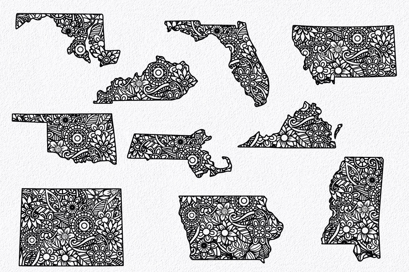 50 States SVG Bundle - Mandala Zentangle SVG State Files - State SVG ...