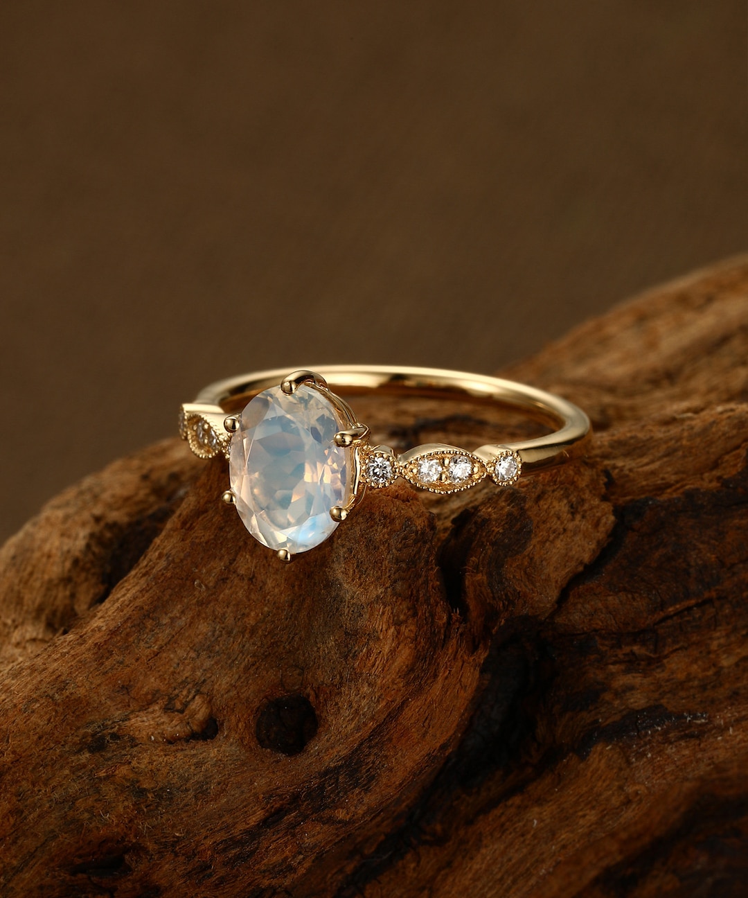 Moonstone Engagement Ring Vintage14k Yellow Gold Art Deco Oval Cut ...