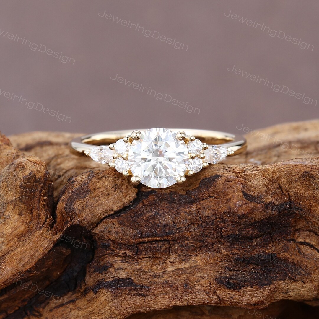 Unique Moissanite Engagement Ring Vintage Yellow Gold Marquise Cut ...