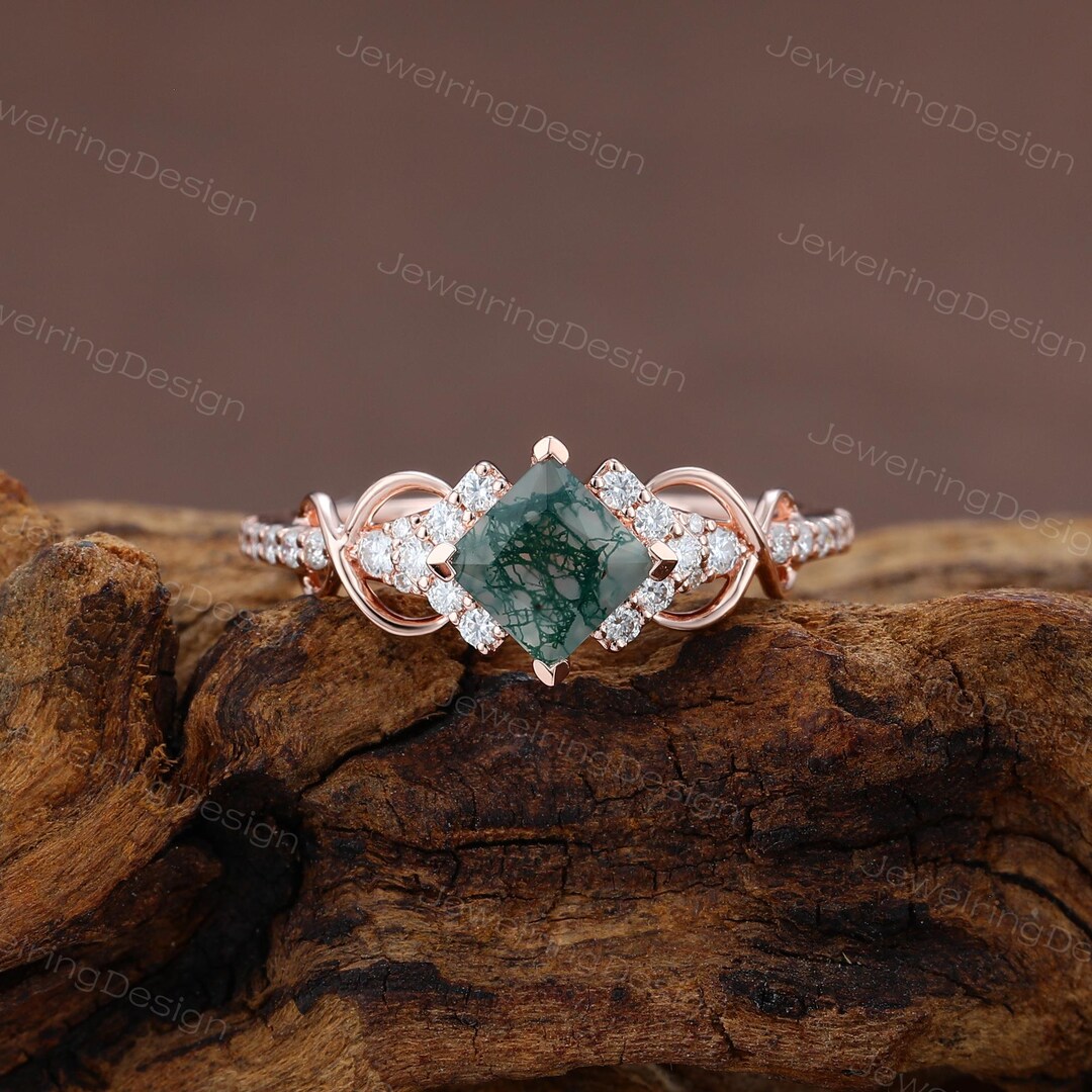 Princess Cut Moss Agate Engagement Ring Twist Ring Rose Gold Unique ...