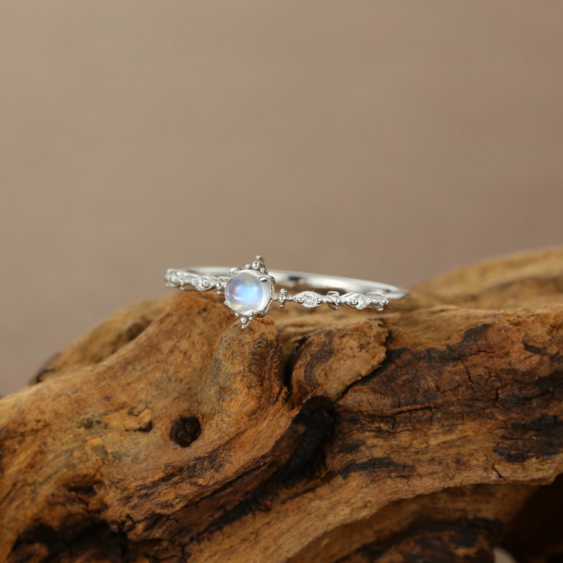Moonstone engagement ring vintage Solid 14K white gold Diamond | Etsy