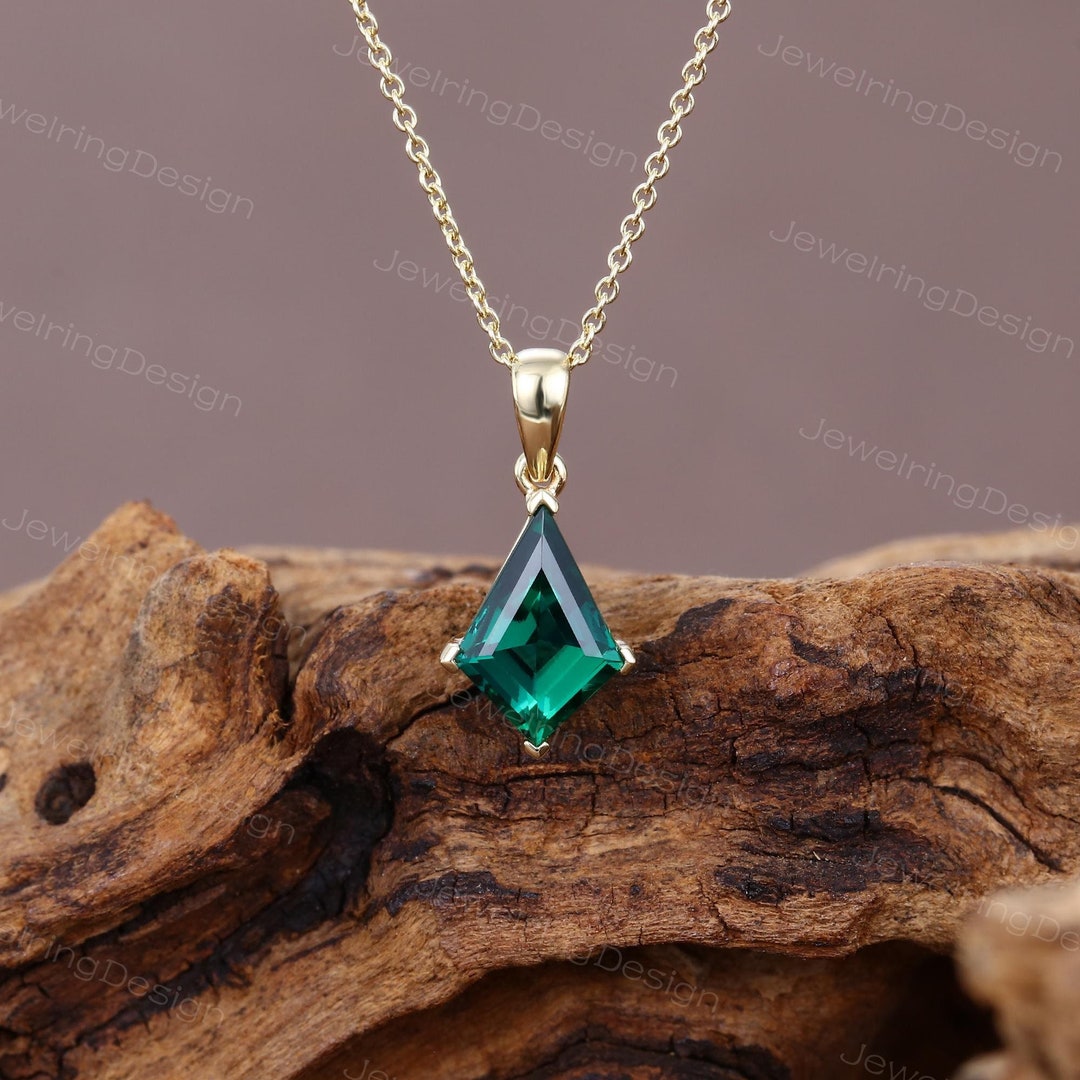 Unique Kite Shaped Emerald Pendant Necklace Dainty 14k Yellow Gold ...