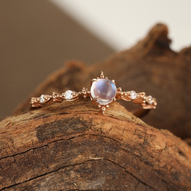 Moonstone engagement ring vintage Solid 14K white gold Diamond | Etsy