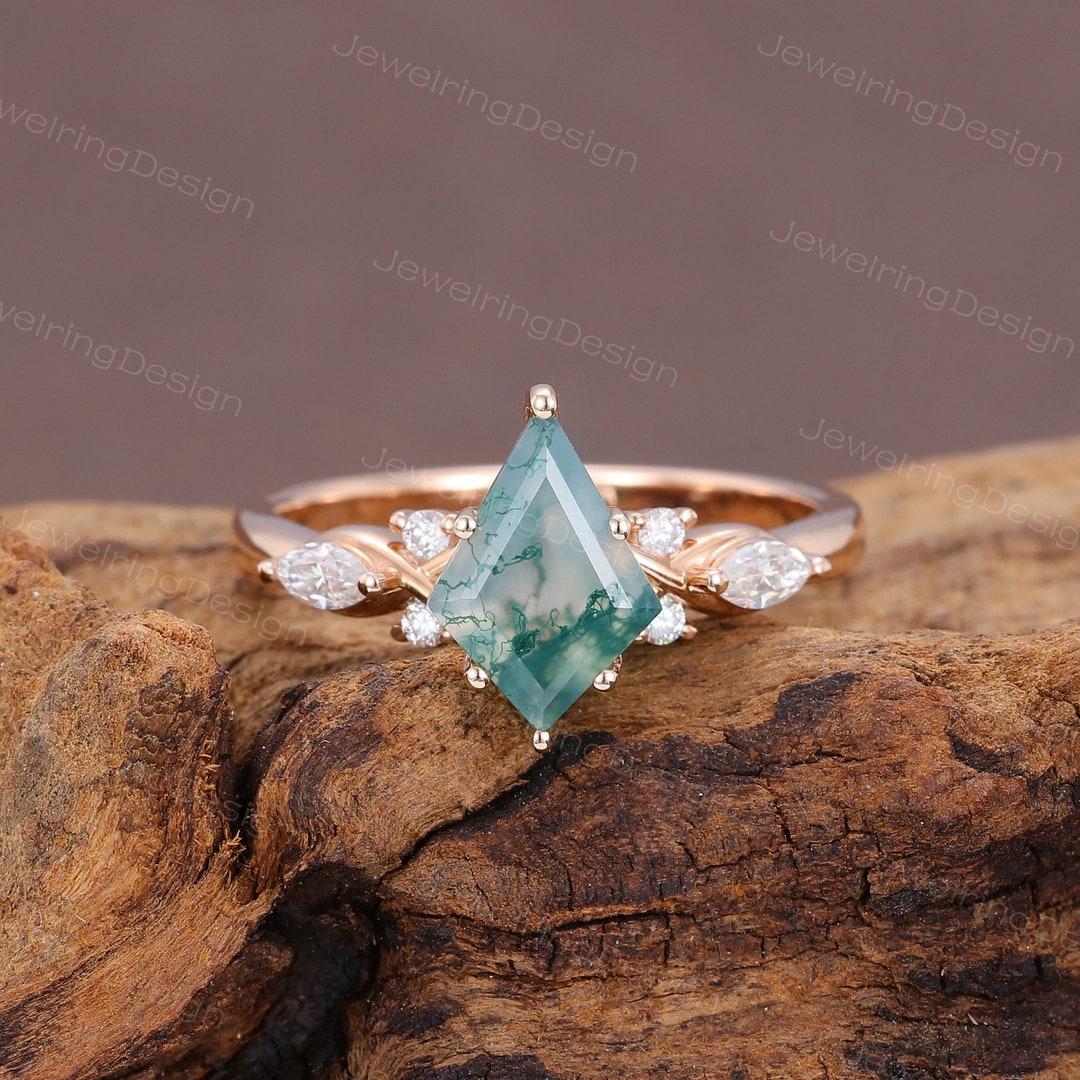 Kite Shaped Moss Agate Engagement Ring Vintage Rose Gold Unique Cluster ...