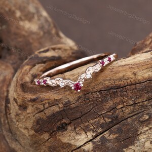 Unique Ruby Curved Wedding Band Vintage Rose Gold Moissanite Wedding ...