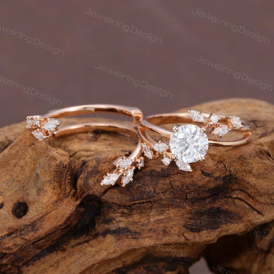 Unique Moissanite Engagement Ring Set Rose Gold Vintage Moissanite ...