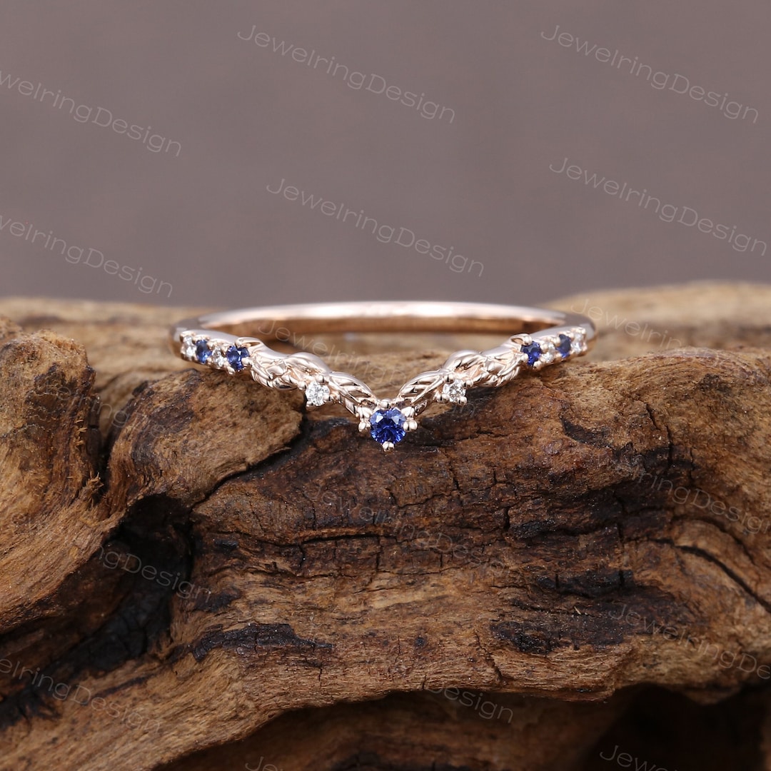 Unique Sapphire Curved Wedding Band Vintage Rose Gold Wedding Band ...