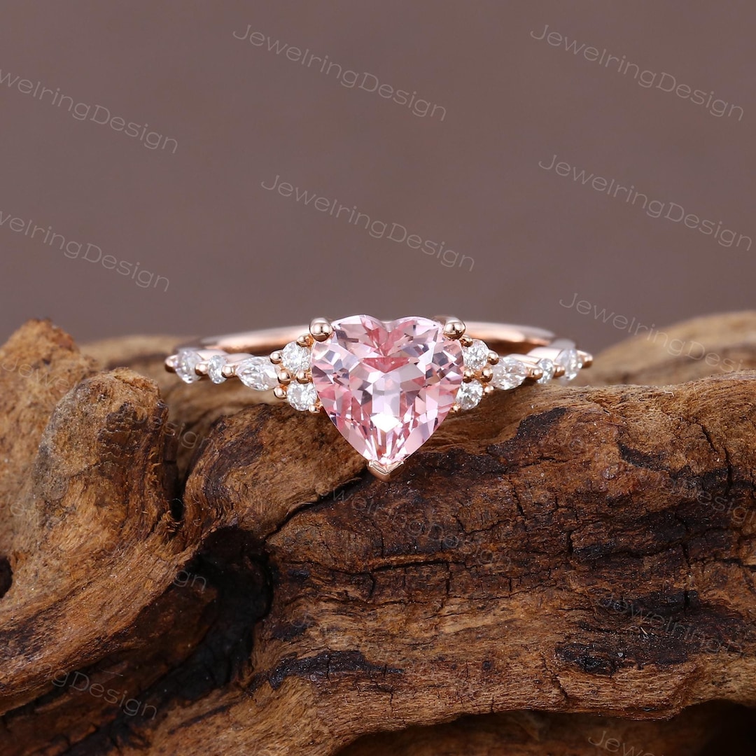 Heart Shaped Morganite Engagement Ring Unique Rose Gold Moissanite ...