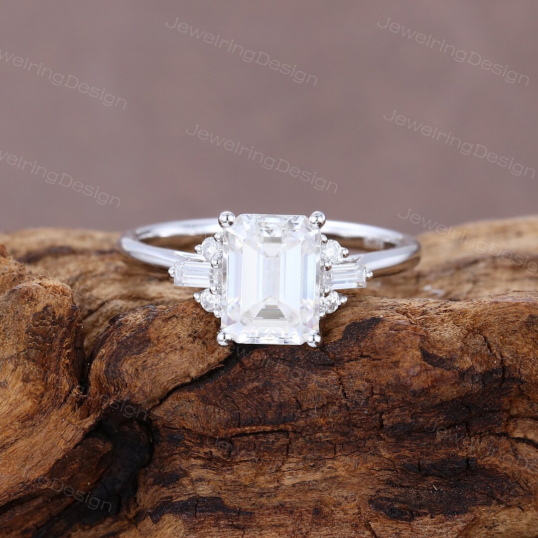 Emerald Cut Moissanite Engagement Ring Unique White Gold Engagement ...