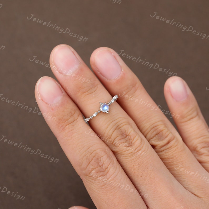Moonstone Engagement Ring Vintage Solid 14K White Gold Diamond | Etsy