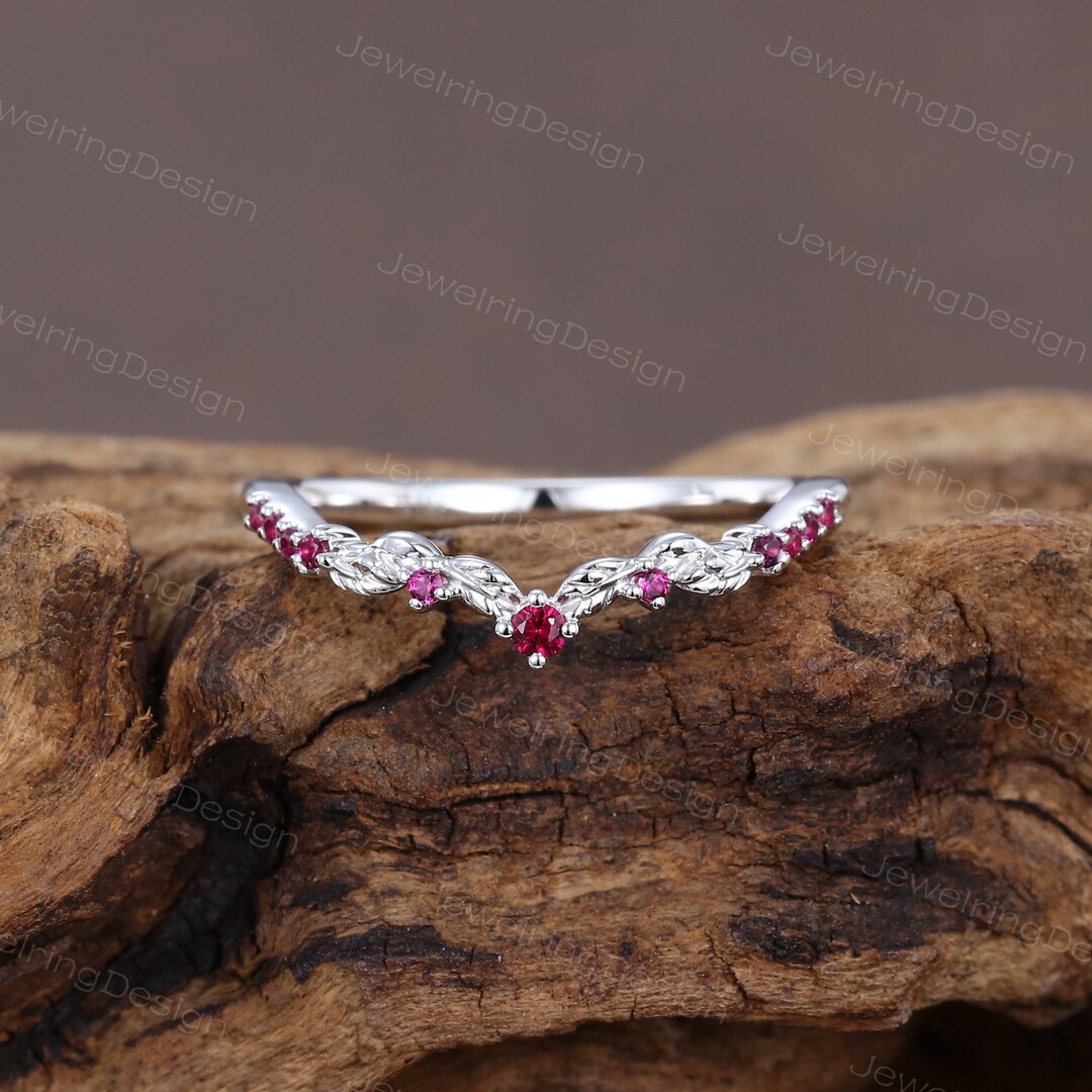 Unique Ruby Curved Wedding Band Vintage White Gold Wedding Band Women ...