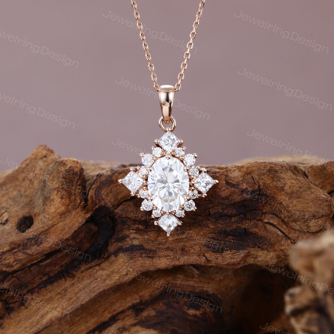 Oval Cut Moissanite Pendant Necklace Rose Gold Princess Cut Moissanite ...