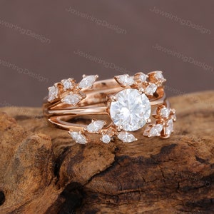 Unique Moissanite Engagement Ring Set Rose Gold Vintage Moissanite ...