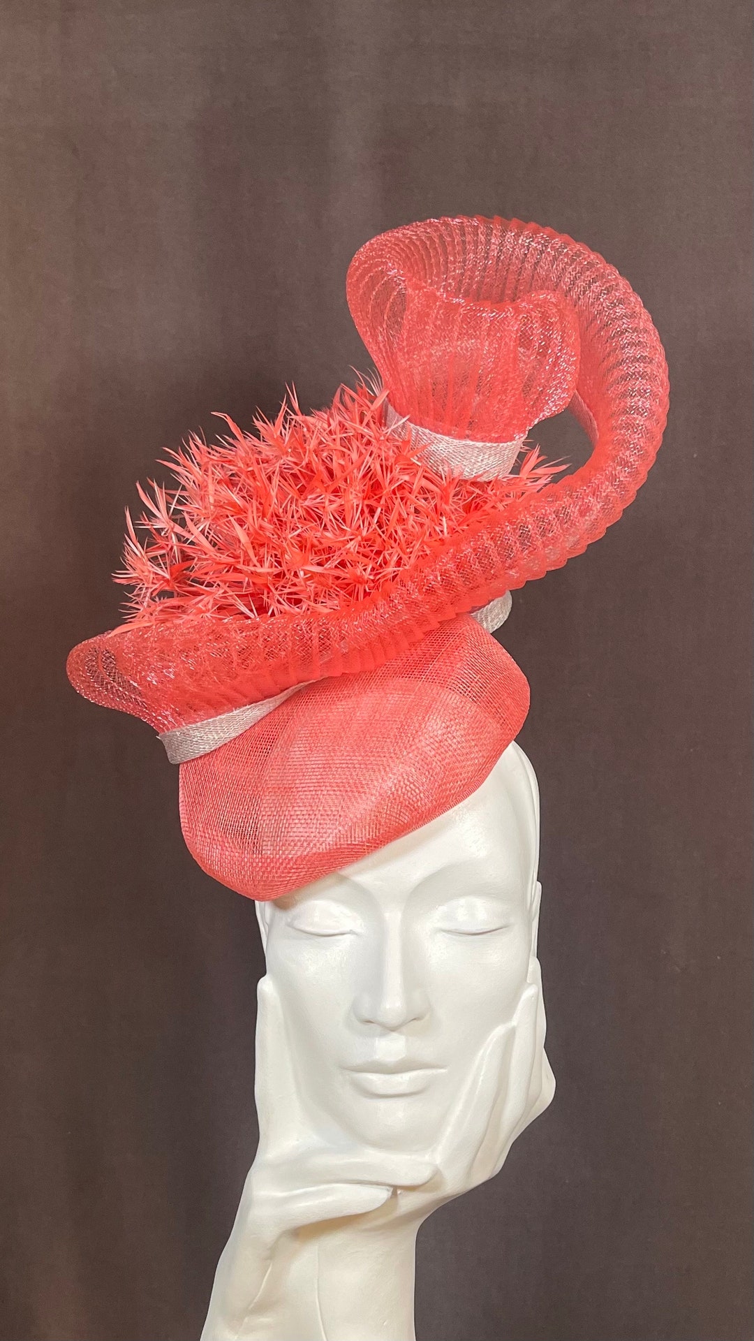 Coral Crinoline Fascinator: Handmade Feather Hat for Races, Weddings - Etsy