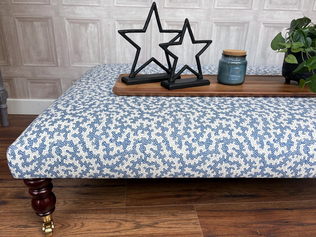 Large Upholstered Footstool in Blue and White Fabric Coffee Table in ...