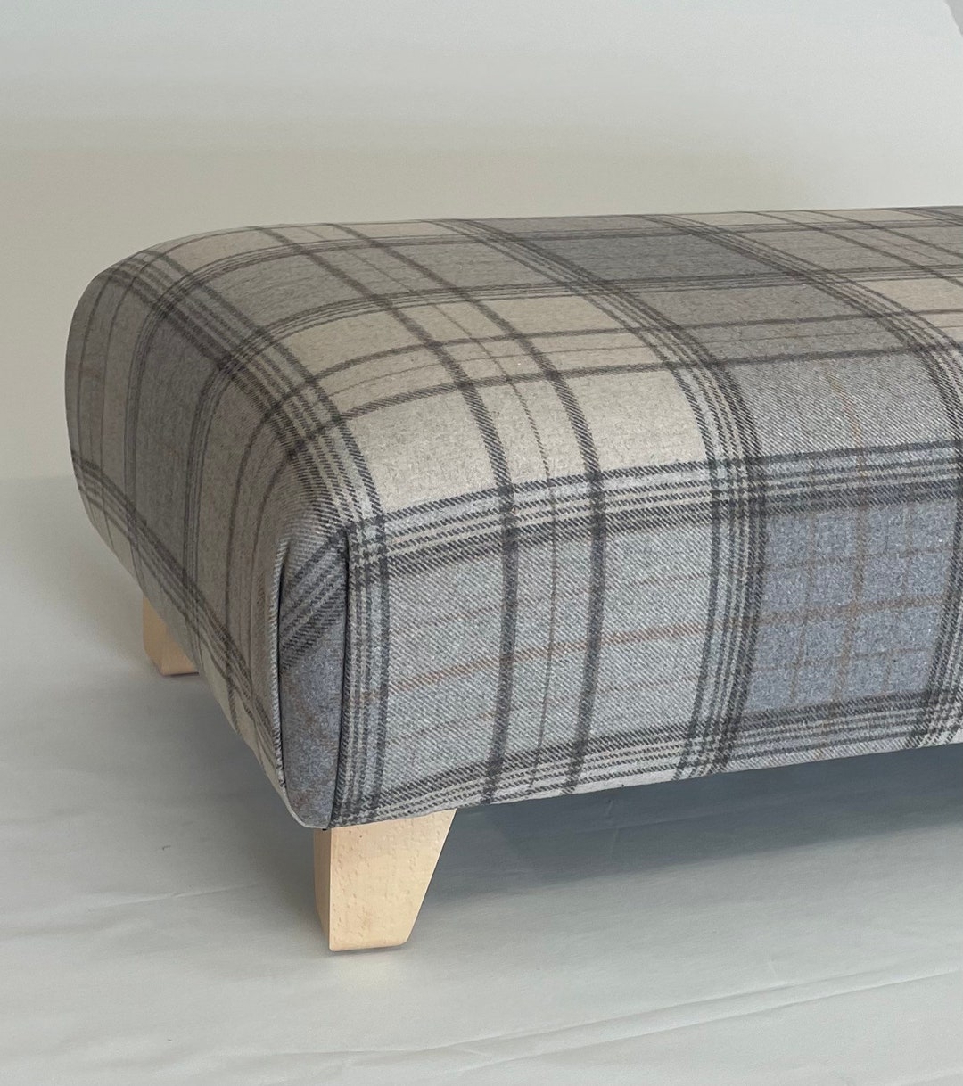 Large Upholstered Footstool Grey Check With Wooden Legs Uk - Etsy UK