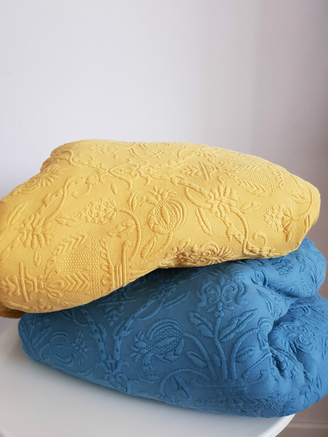 Vintage 1930s French Coverlet | Yellow French Pique Bedcover & Blue ...