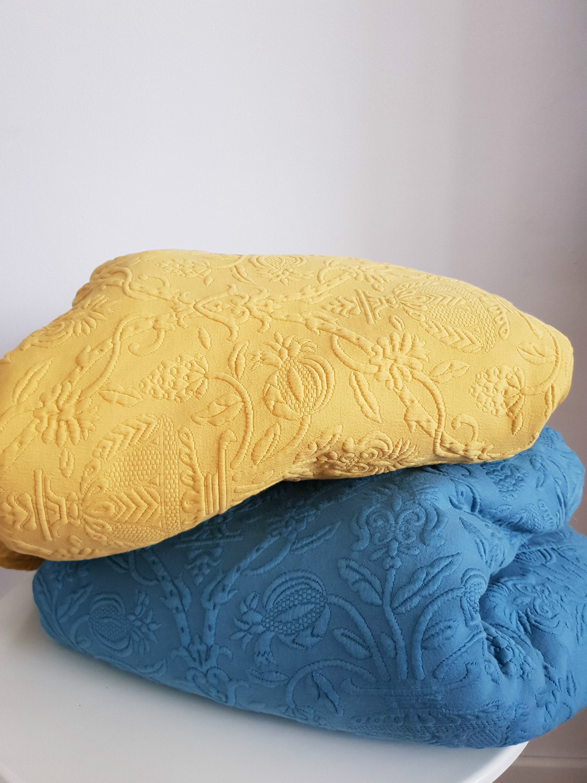 Vintage 1930s French Coverlet | Yellow French Pique Bedcover & Blue ...