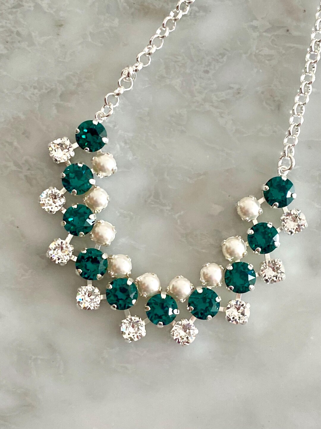 EMERALD AND PEARL Necklace, Vintage Style Silver Bridal Wedding Jewelry ...