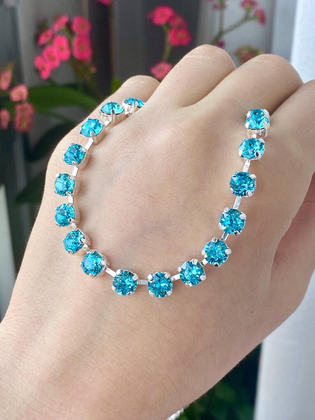 Turquoise Blue Crystal Necklace, Silver Turquoise Necklace, Genuine ...