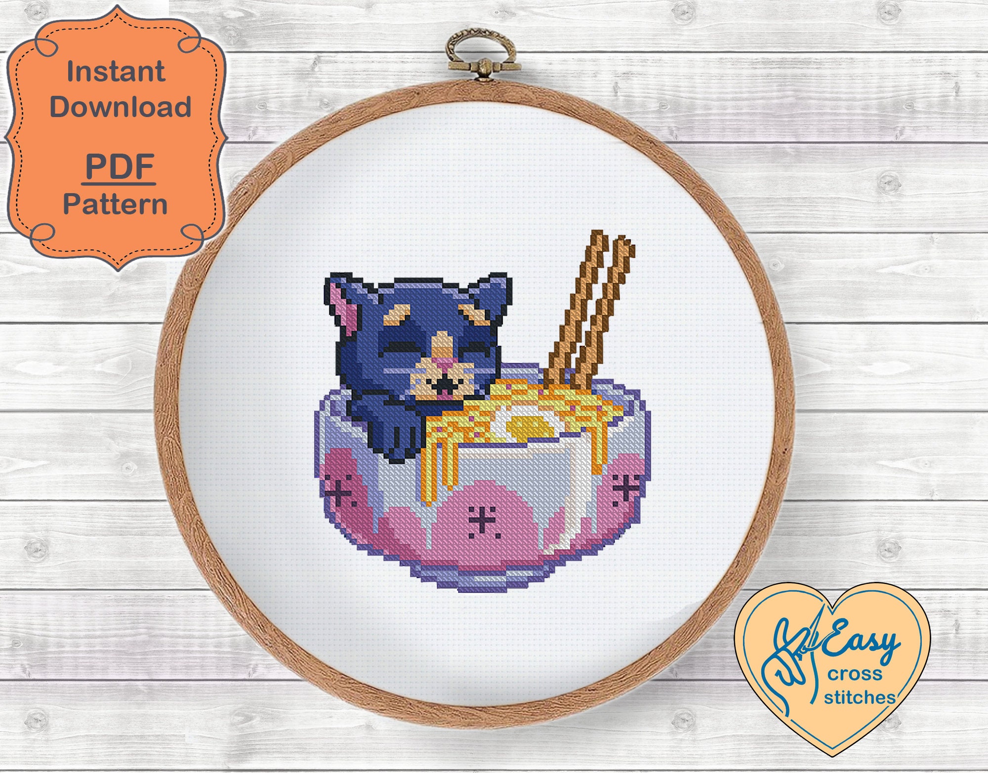 Easy Cat Cross Stitch Pattern PDF. Cat Ramen Mini Cross Stitch Pattern ...