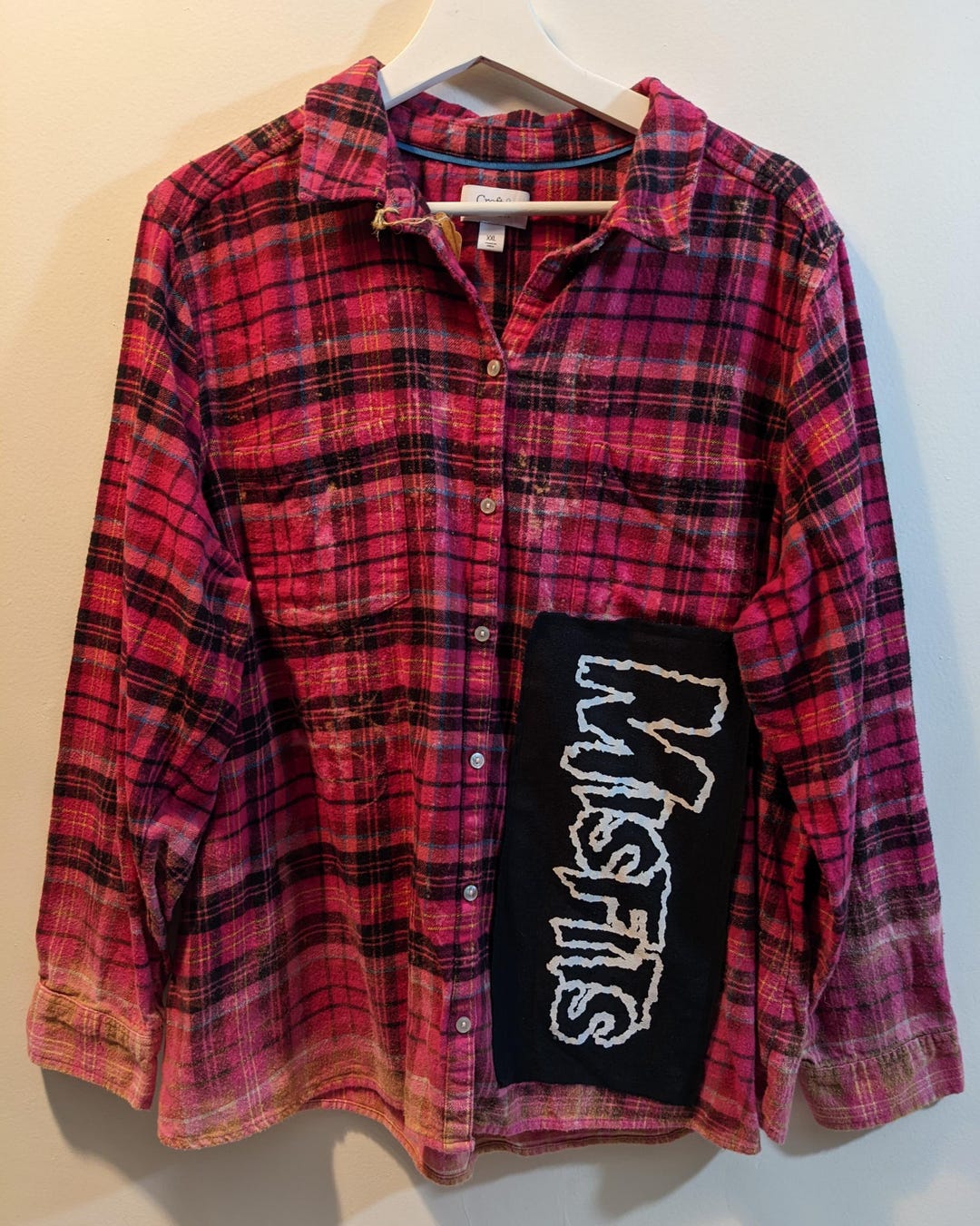 Misfits Patched Hot Pink and Black Plaid Flannel Shirt, Upcycled ...