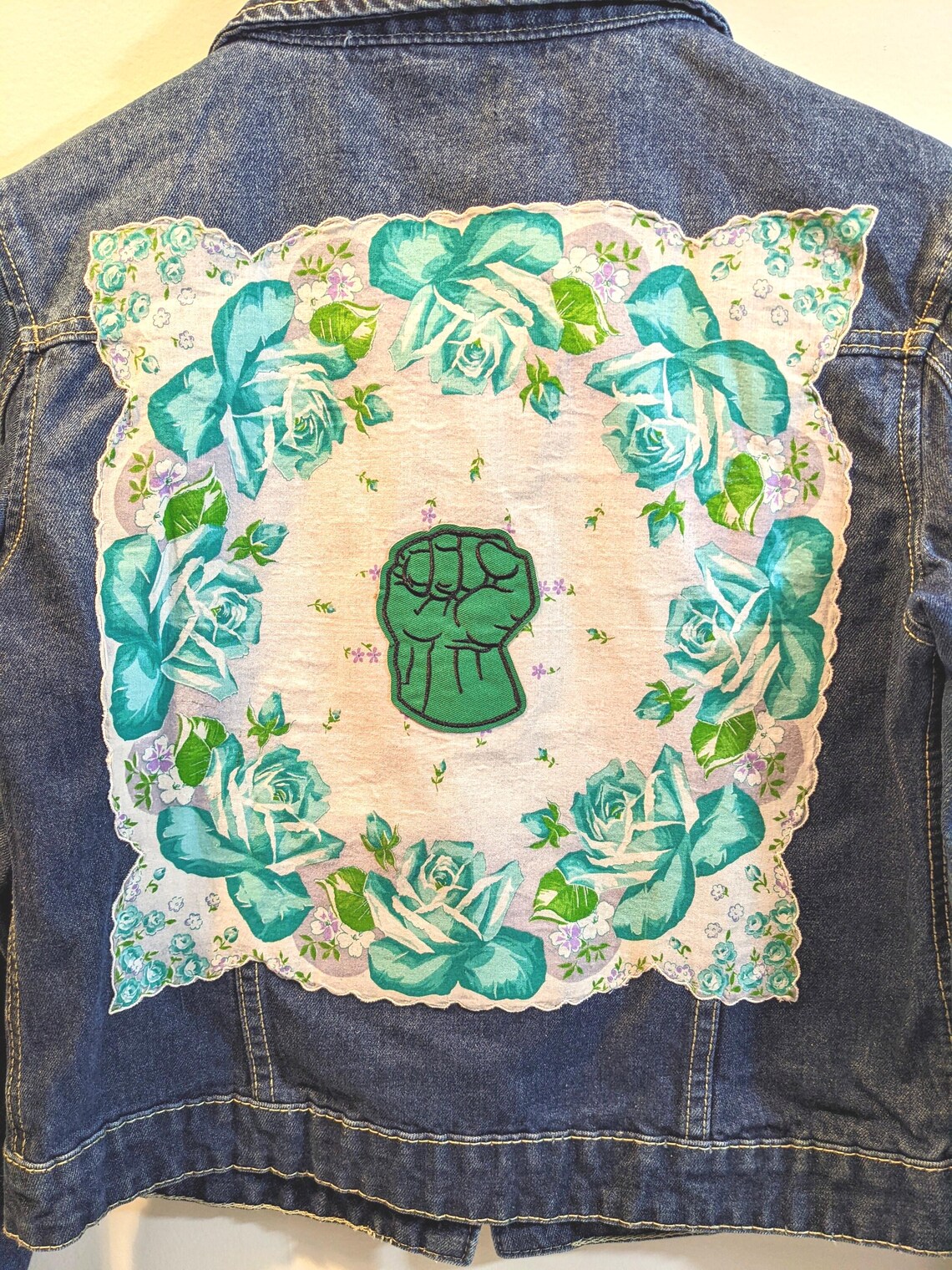 Vintage Hanky Patched Jean Jacket, Revolt Fist Patch, Upcycled Jean ...