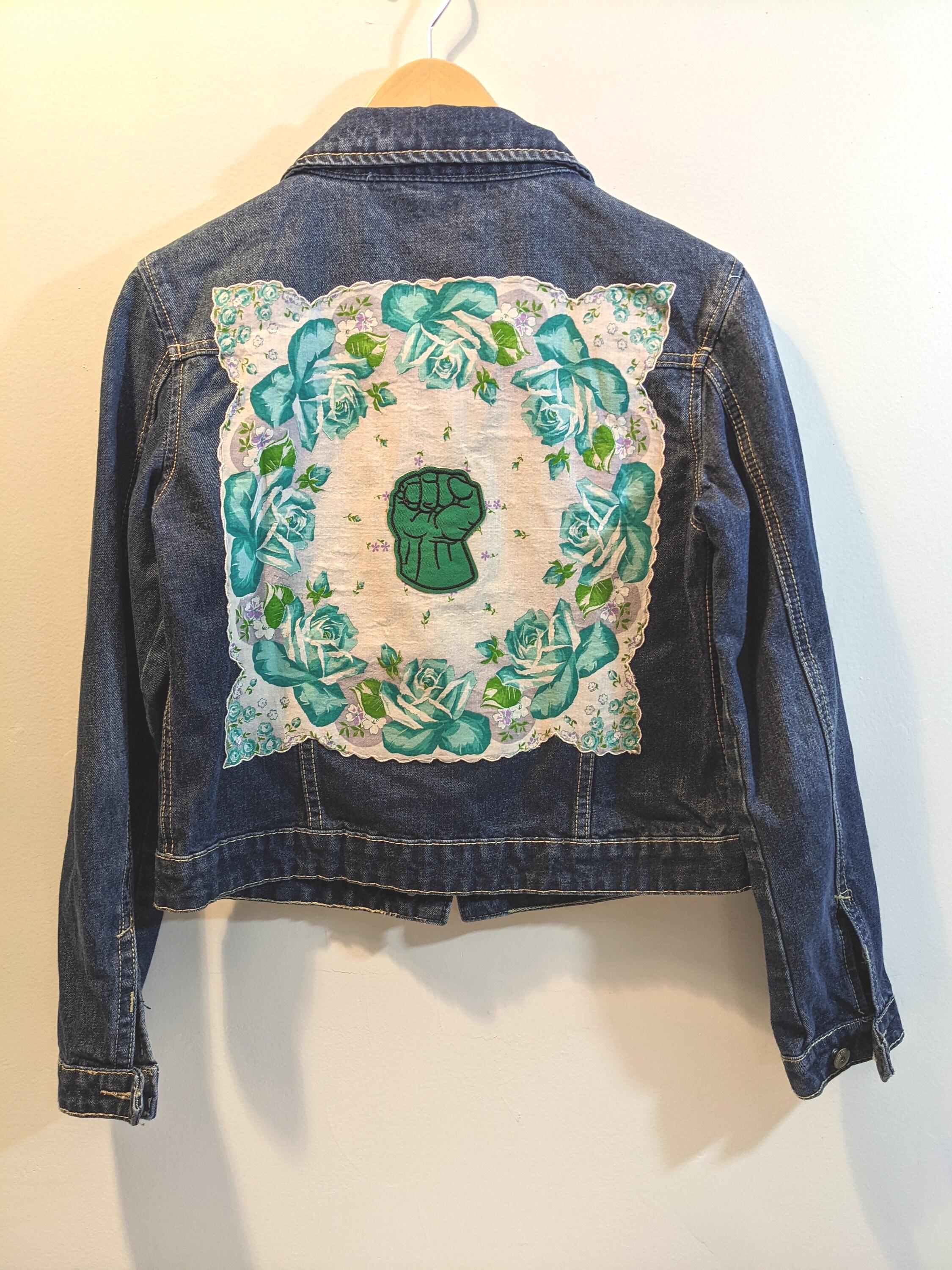 Vintage Hanky Patched Jean Jacket, Revolt Fist Patch, Upcycled Jean ...