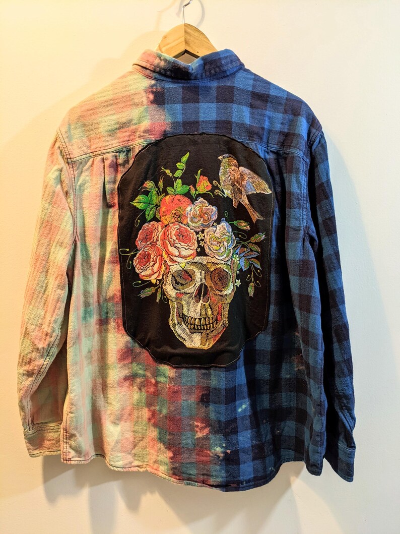 Half Bleached Plaid Flannel With Skull Patch on Back. Flowers, Bird ...