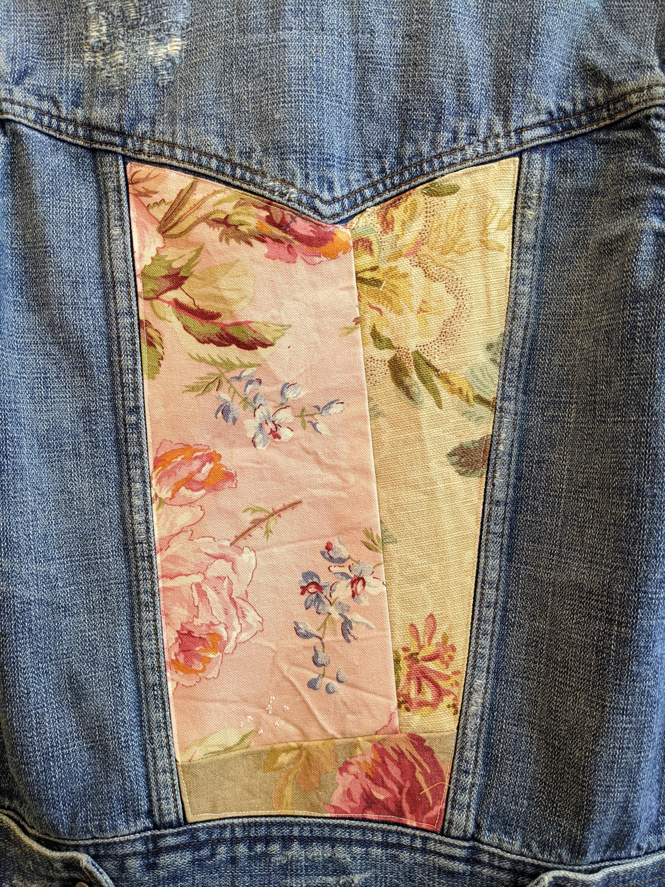 Floral Patched Jean Jacket, Roses, Upcycled Jean Jacket, Women's Large ...